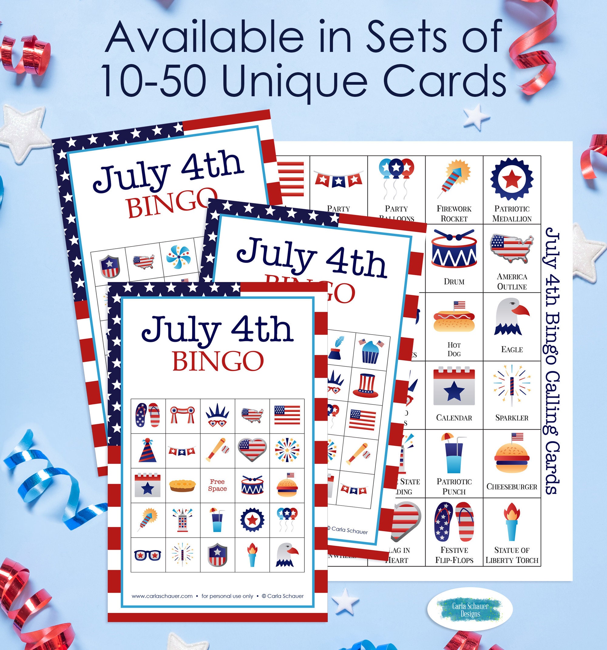 Printable July 4th Bingo Boards, 50 Cards Set, Independence Day Game ...