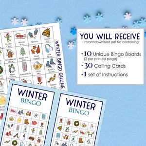 Printable Winter Bingo Game Cards, 10 Cards, 5x5 Bingo, Winter Game for ...