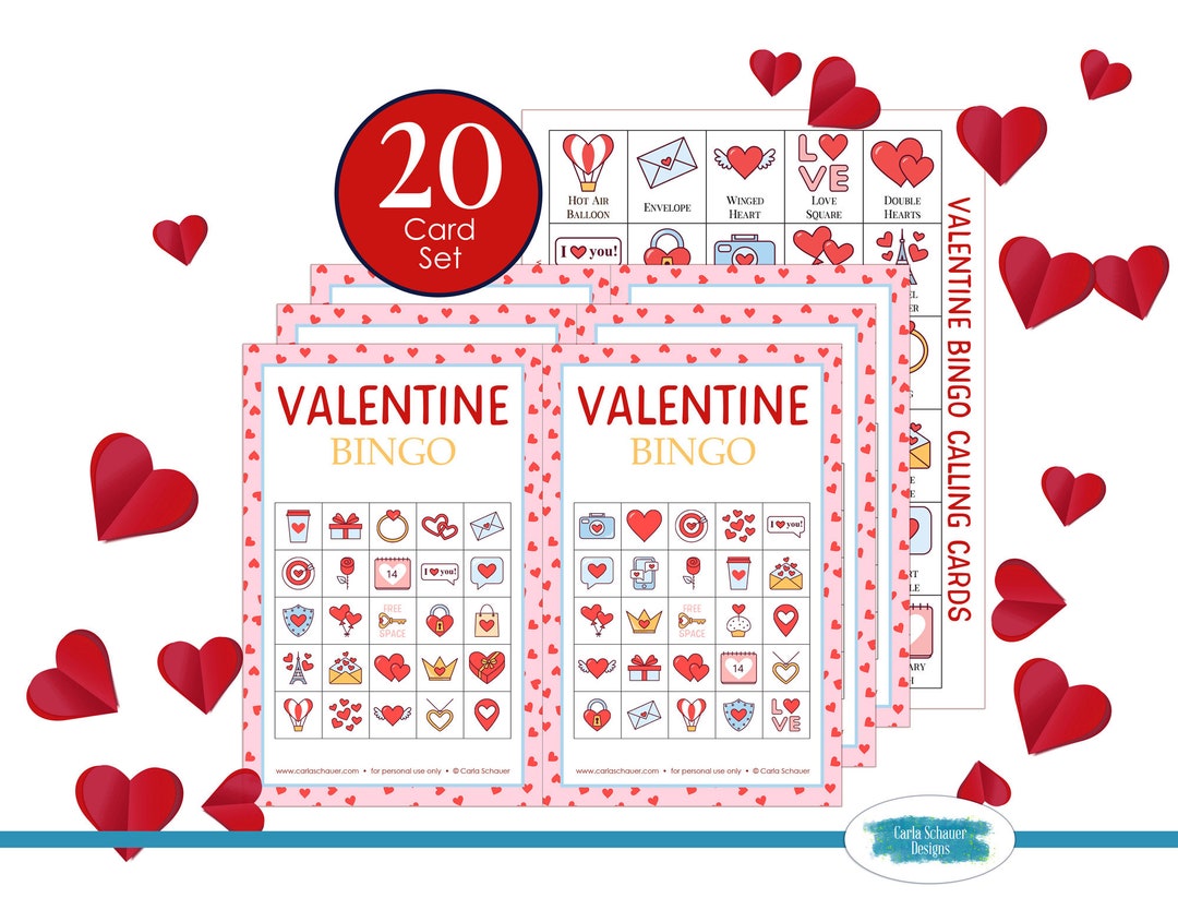 Valentine's Day Bingo Cards, 20 Printable Bingo Boards, Valentine ...