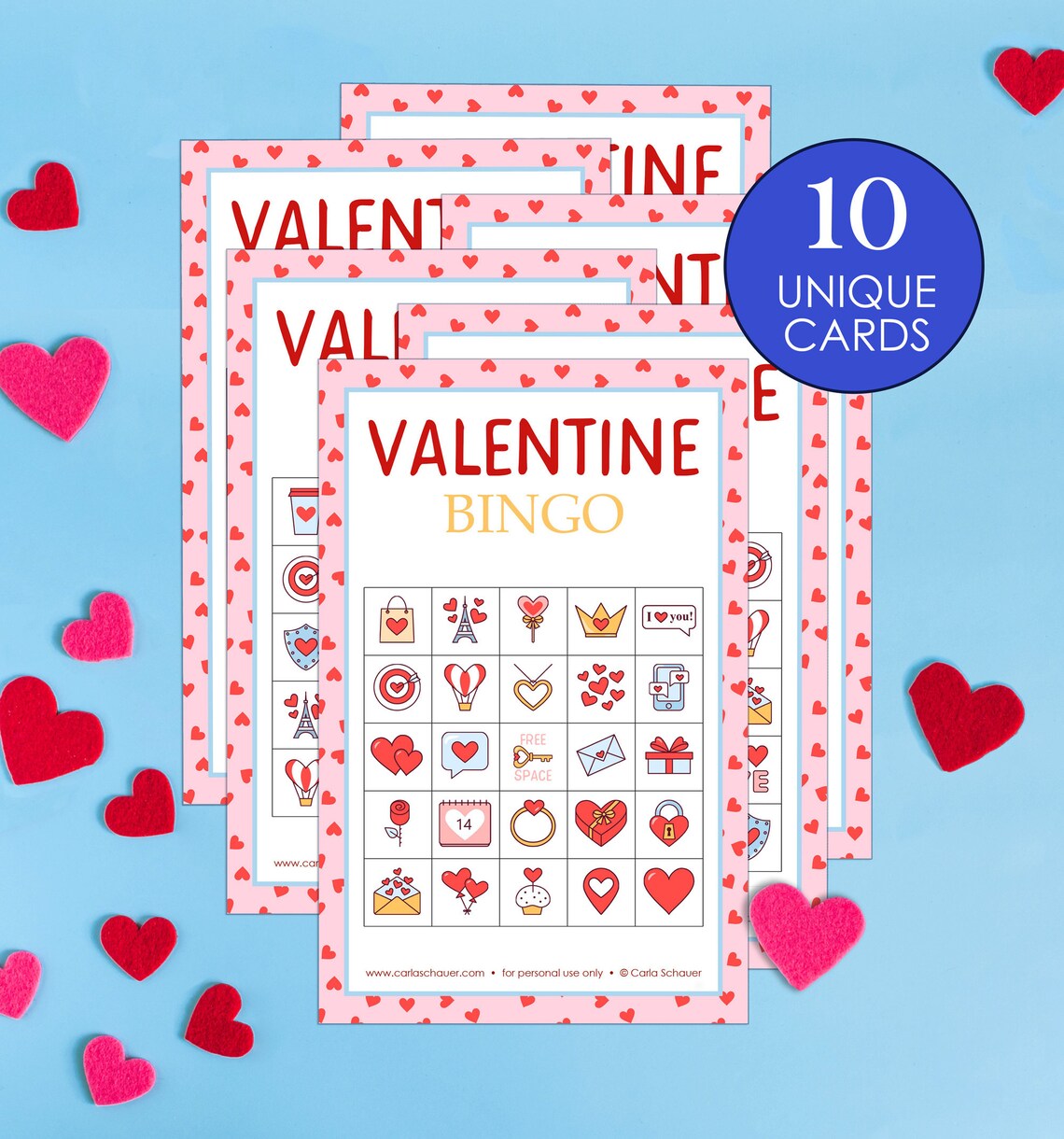 Printable Valentine's Bingo Game Cards, 10 Cards, 5x5, Valentine's Day ...