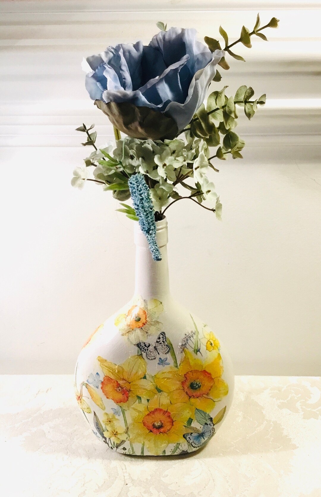 Daffodil Vase Decoupaged Glass Bottle Shabby Chic Decor Upcycled - Etsy