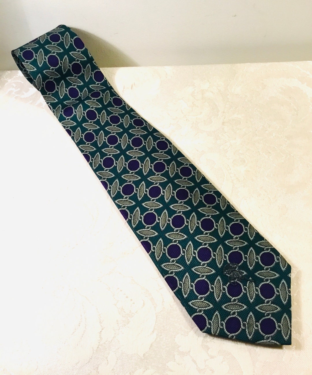 Vintage Tie Silk Countess Mara Men's Necktie Teal Gray Purple Geometric ...