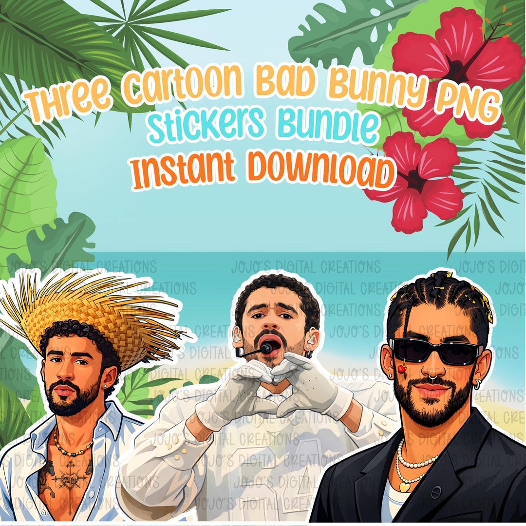 Bad Bunny Cartoon PNG Sticker Pack – 3 Digital Stickers – Instant ...