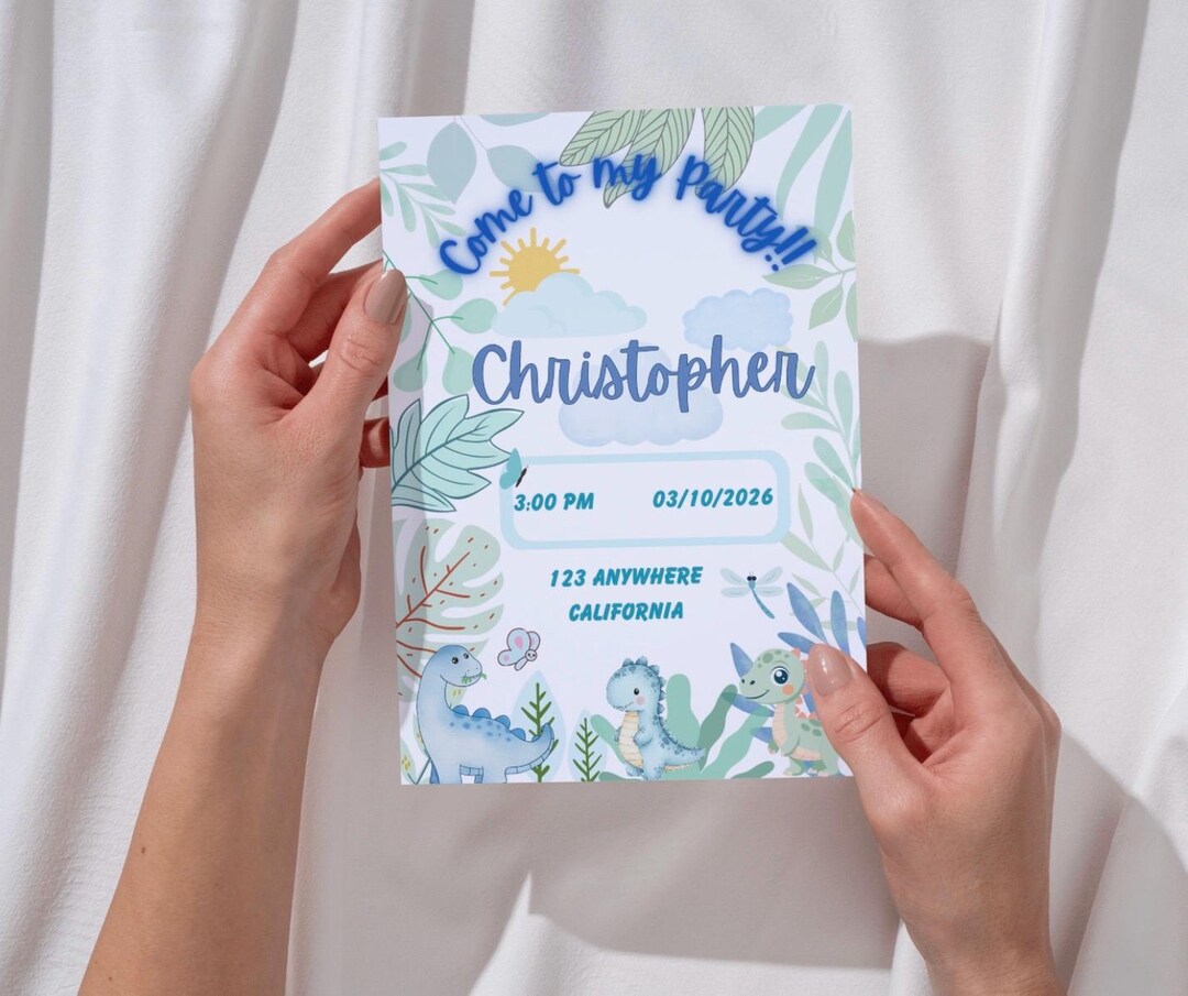 Dinosaur Invitation Template Green Blue Dino Themed Cute Adorable ...