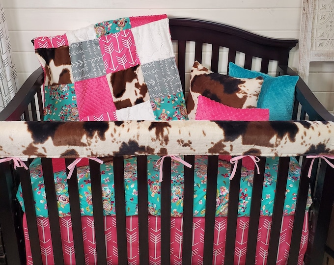 Girl Crib Bedding Cow Minky and Teal Floral Nursery - Etsy