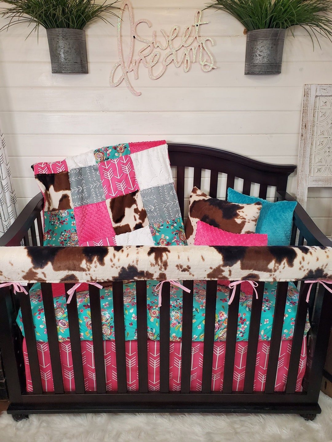 Girl Crib Bedding - Cow Minky and Teal Floral Western Nursery ...