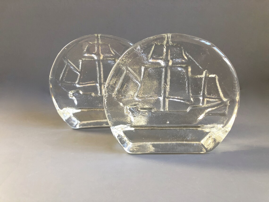 Pilgrim Glass Ship Bookends Functional Art Glass Nautical - Etsy