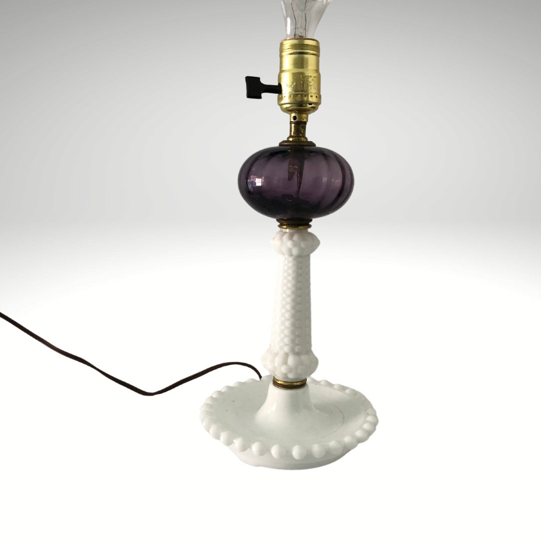 White Milk Glass Hobnail Dresser Lamp With Purple Glass Accent - Etsy