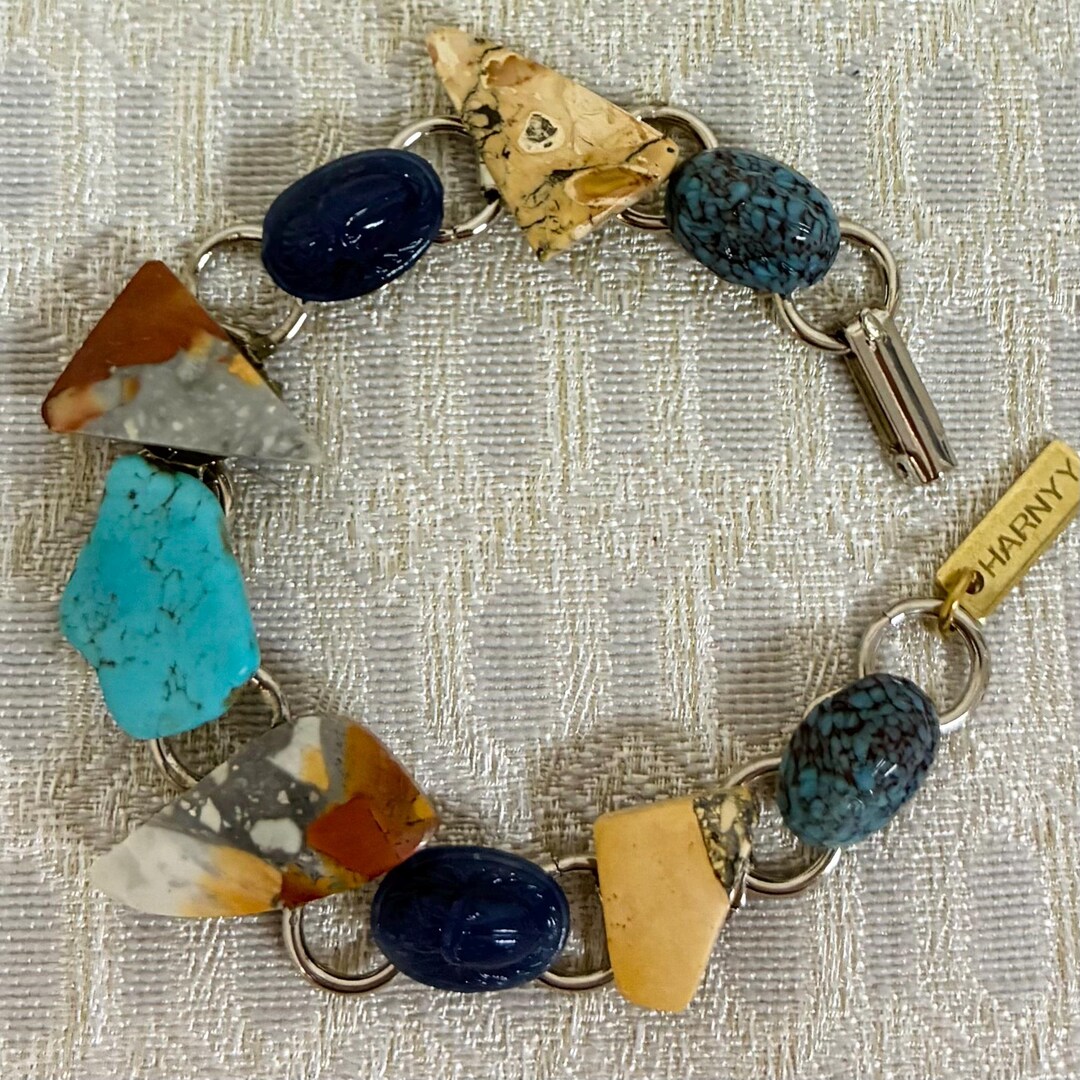 Egyptian Revival Scarab & Stone Panel Bracelet | Vintage Glass Scarabs ...