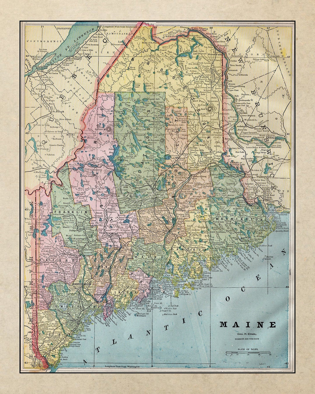 INSTANT DOWNLOAD Antique Map of the State of Maine the Pine Tree State ...