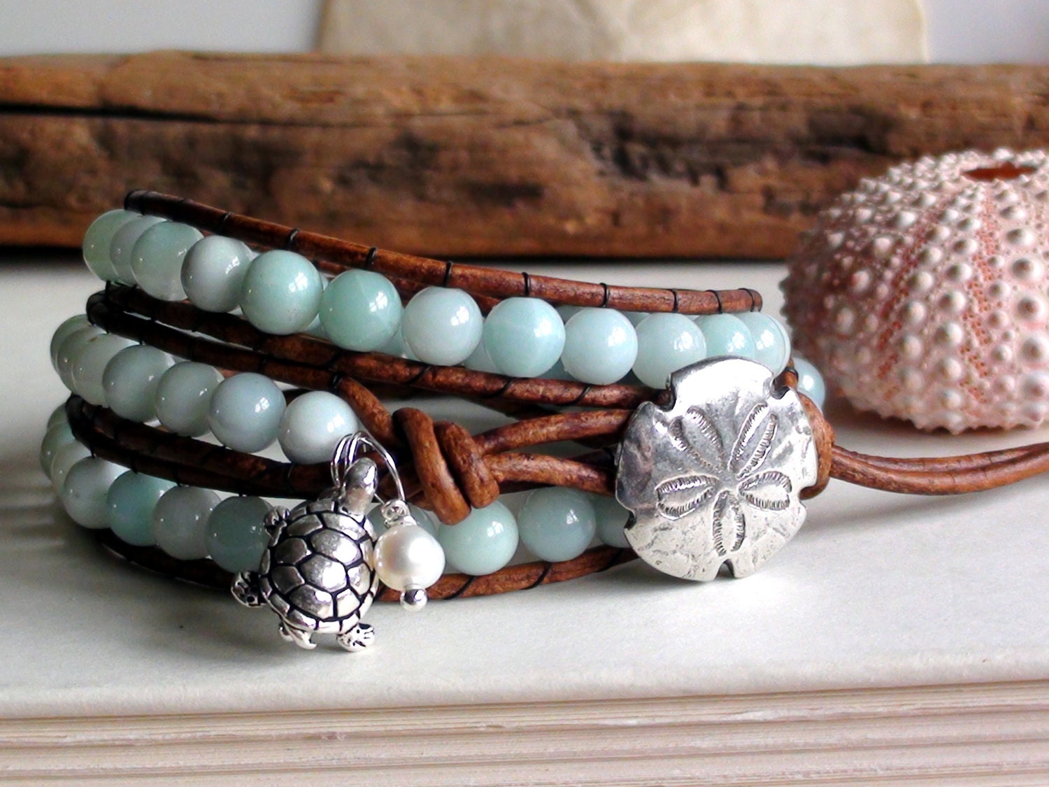 Sea Blue Green Amazonite Leather Wrap Bracelet With Turtle and Pearl - Etsy