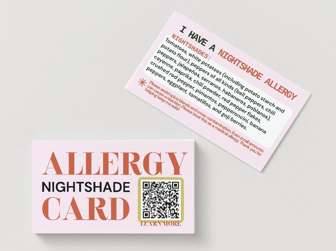 Nightshade Allergy Card – Printable Digital Download | Food Alert Card ...