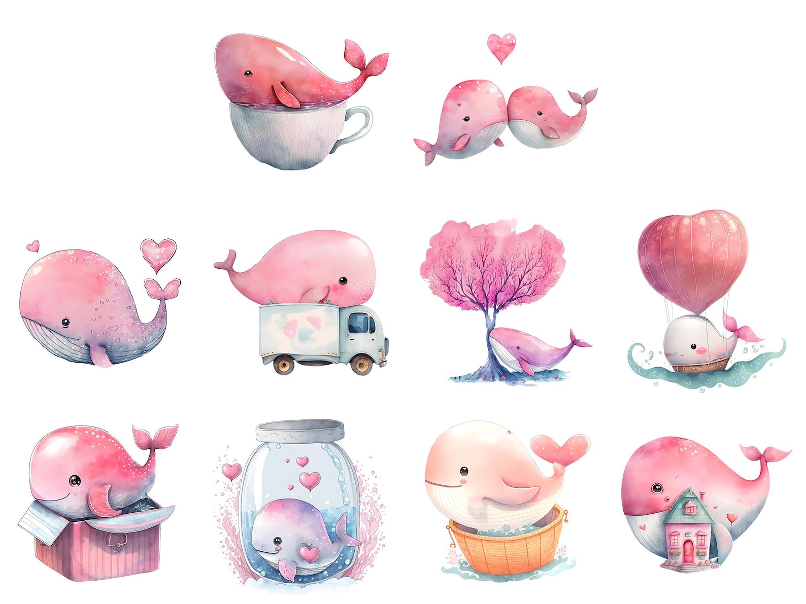 Cute Valentine Whale Clipart Bundle PNG, Pink Love Whales Watercolor ...