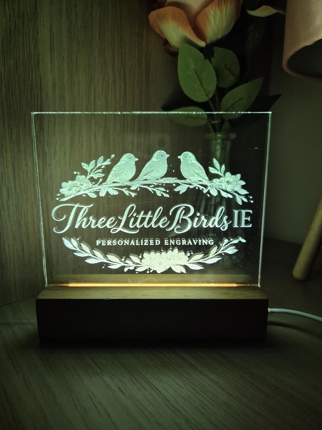 Personalized Engraved Glass LED Lamp – Custom Wooden Base Night Light ...