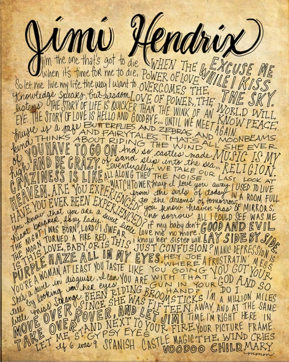 Jimi Hendrix Lyrics And Quotes 8x10 Handdrawn And Etsy