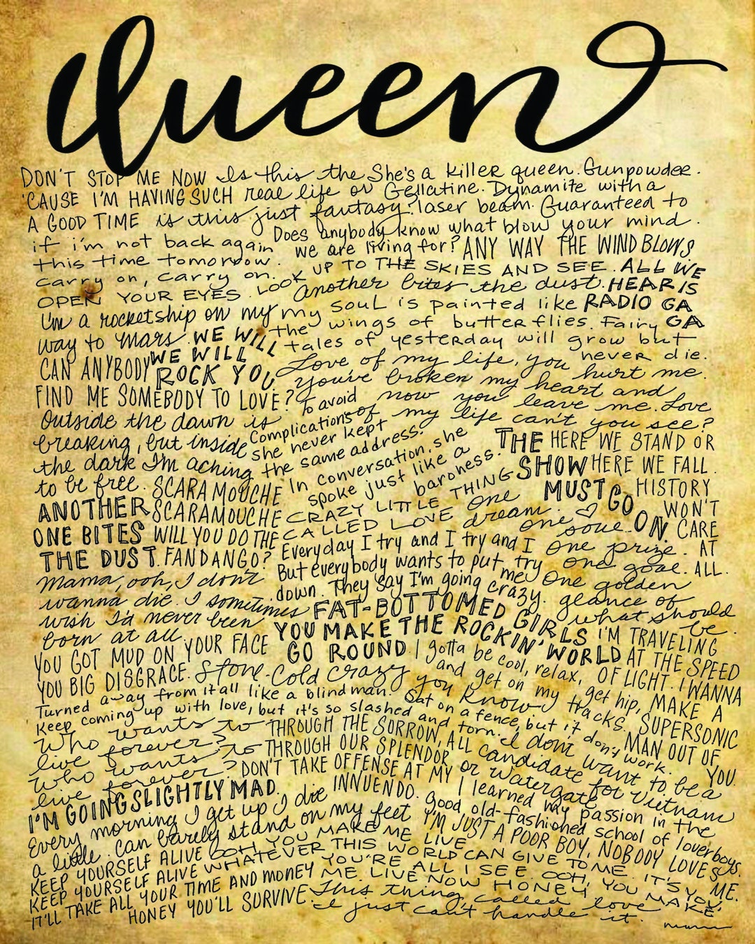 Queen Lyrics and Quotes Freddie Mercury 8x10 Handdrawn and Handlettered ...