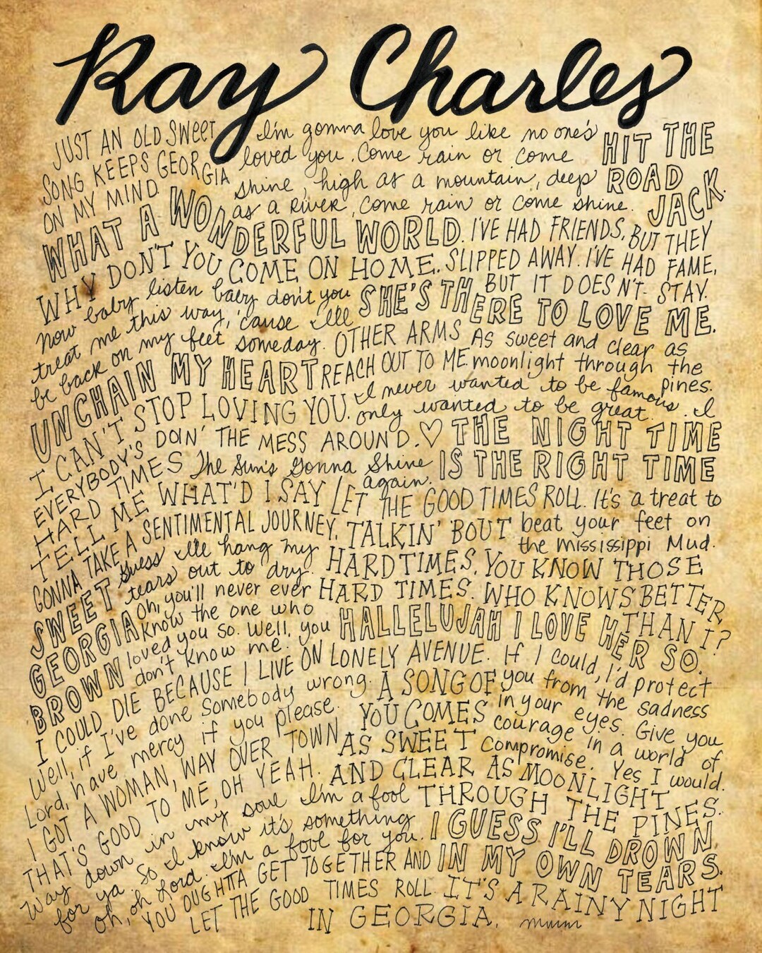 Ray Charles Lyrics and Quotes - 8x10 Handdrawn and Handlettered Print ...