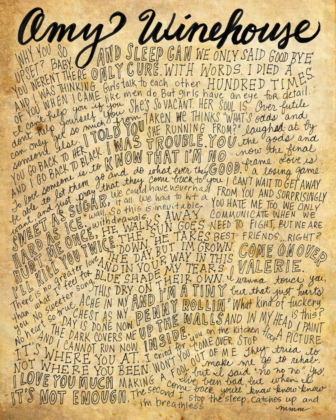 Amy Winehouse Lyrics and Quotes - 8x10 Handdrawn and Handlettered Print ...