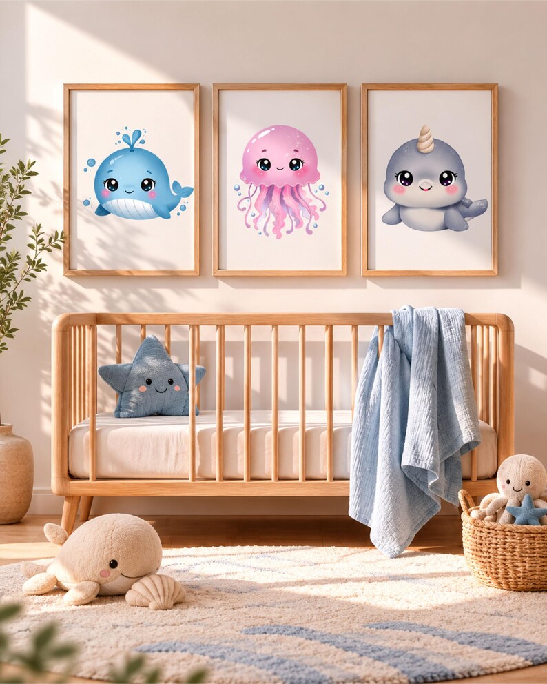 Ocean Nursery Art, Whale Jellyfish Narwhal Print, Scandinavian Style ...