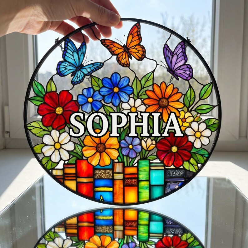 Personalized Name Stained Glass Suncatcher, Custom Floral Book Lover ...
