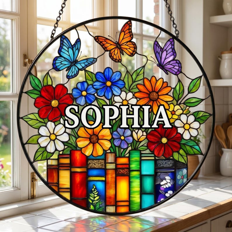Personalized Name Stained Glass Suncatcher, Custom Floral Book Lover ...