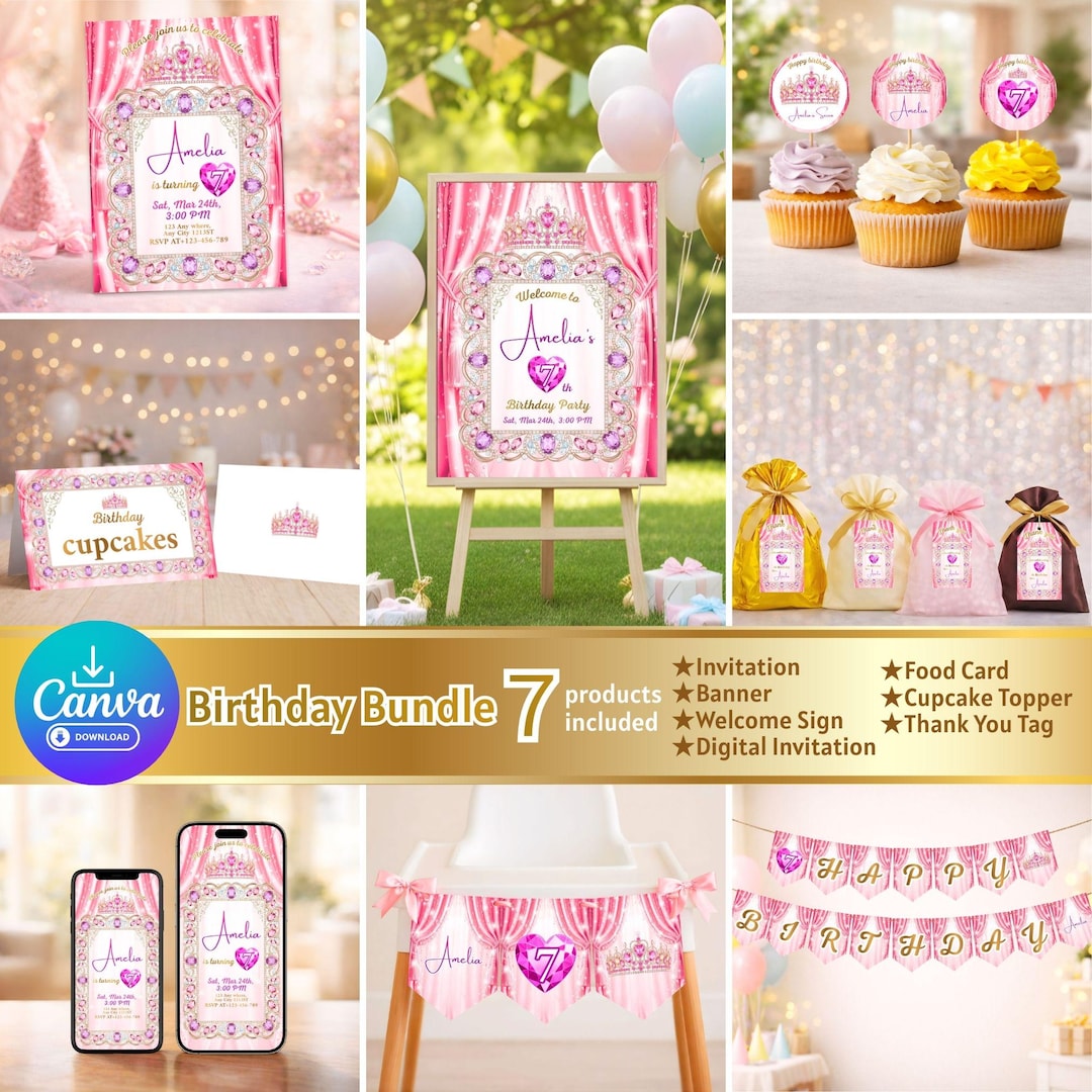 Princess Tiara Birthday Party Bundle, Editable Canva Template, Girl ...
