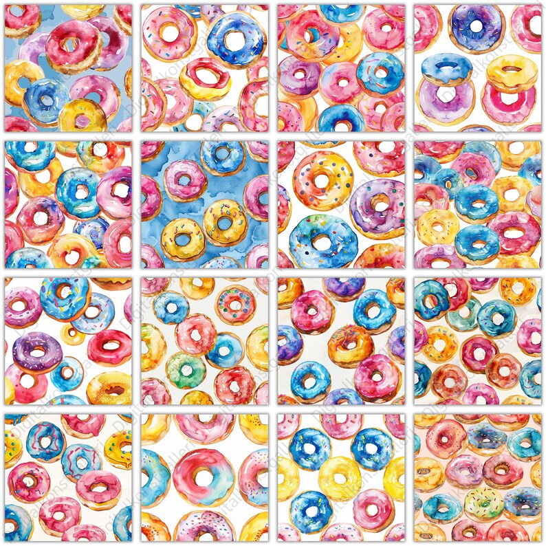 Watercolor Donut Seamless Pattern, Colorful Dessert Digital Paper ...