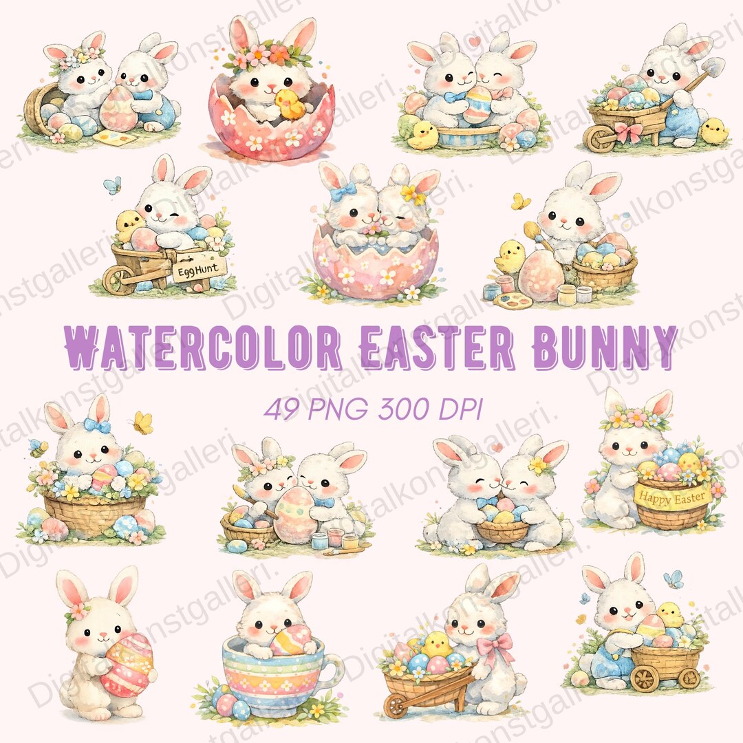 Watercolor Easter Bunny Clipart Bundle PNG 300 DPI Transparent ...