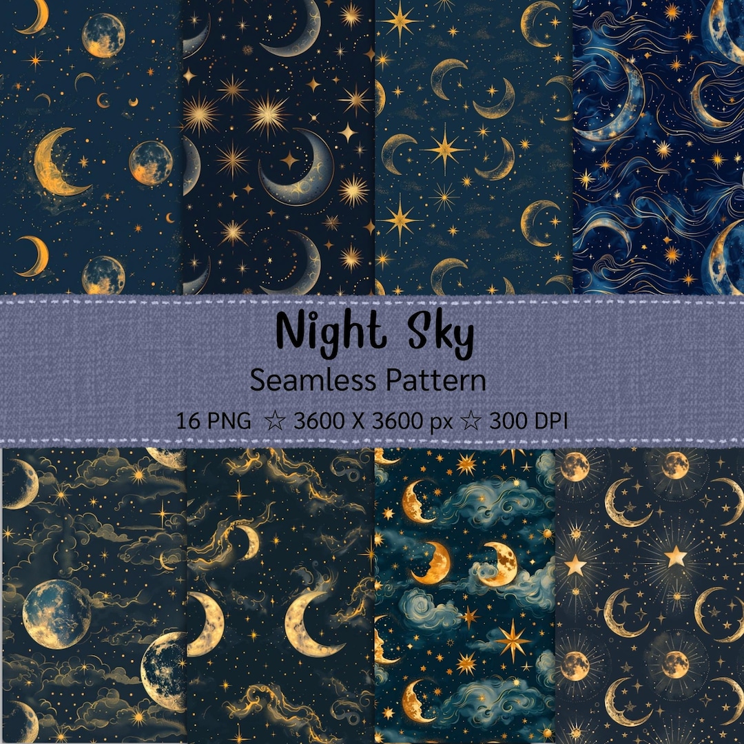 Celestial Moon Stars Seamless Pattern, Gold Mystical Digital Paper (300 ...