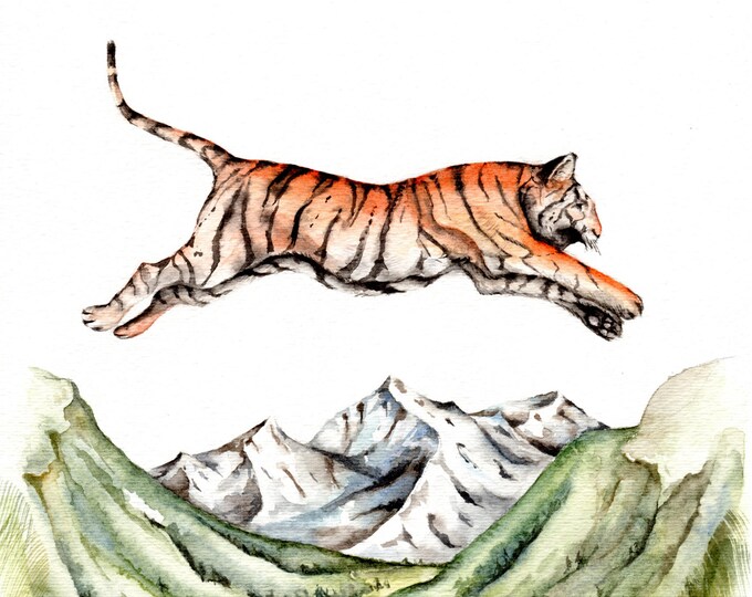 Tiger Jumping Over Mountains Animal Art Print of Original - Etsy