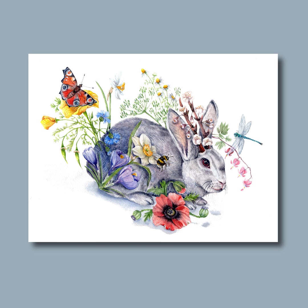 Spring Jackalope Art Print: Watercolor Bunny With Flowers - Etsy