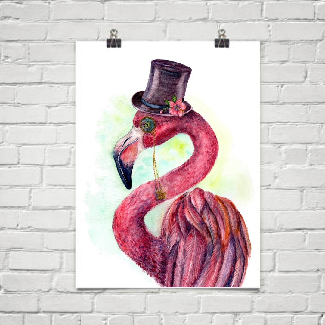 Victorian Flamingo Original Watercolor Painting: (11x14) Steampunk ...