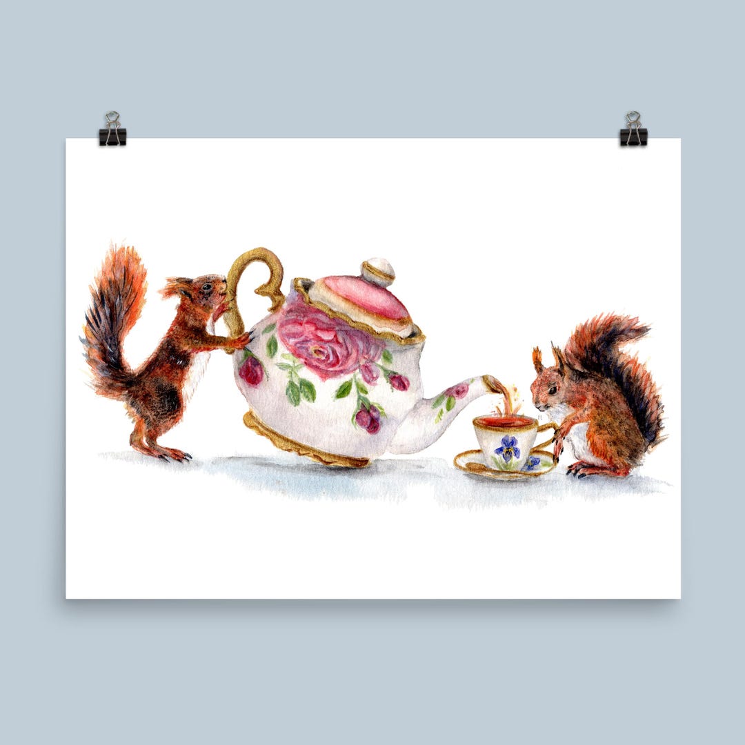 Squirrel Tea Party - Art Print of Original Watercolor Tea Pot, Cup of ...