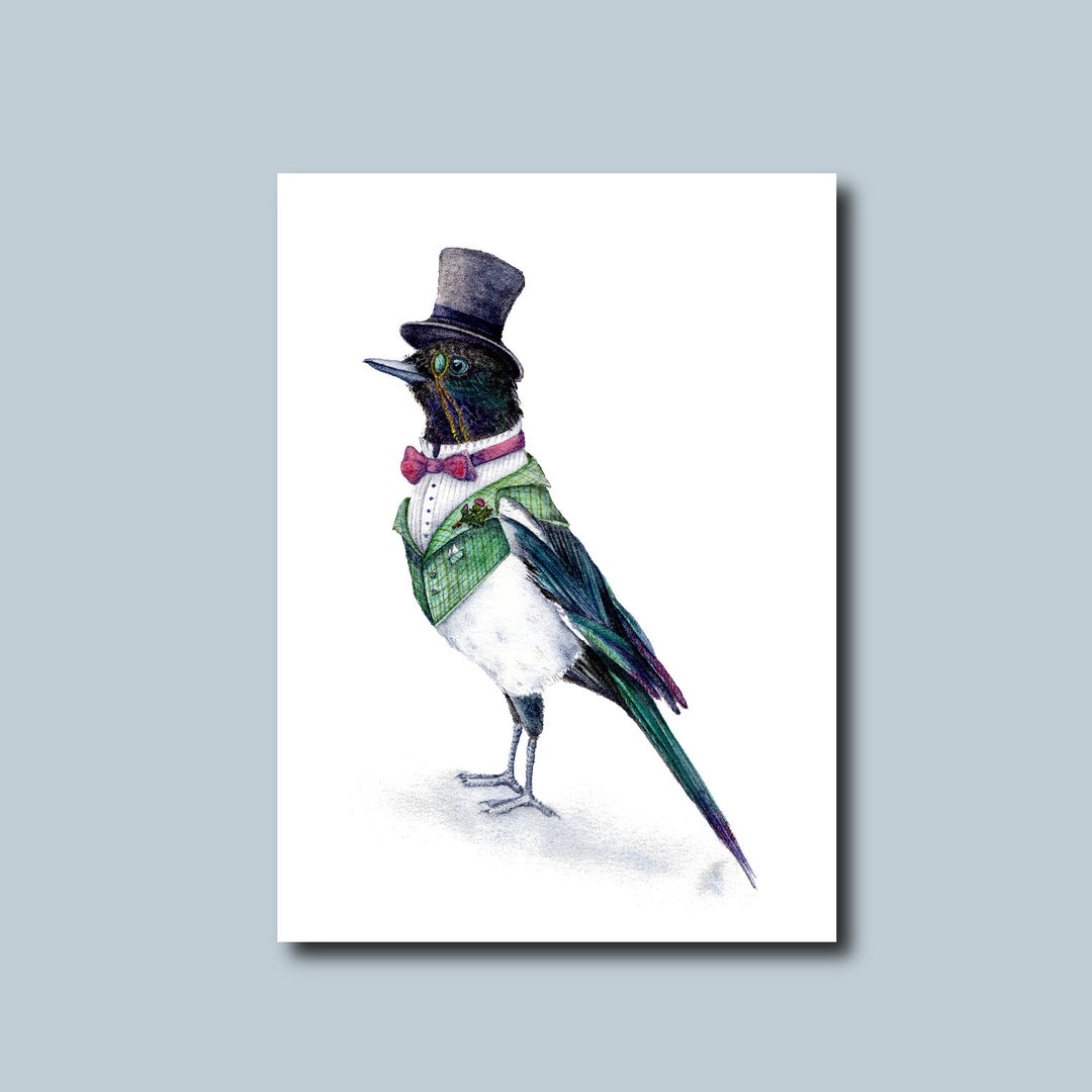 Steampunk Magpie Art Print: Victorian Bird Watercolor Painting - Etsy