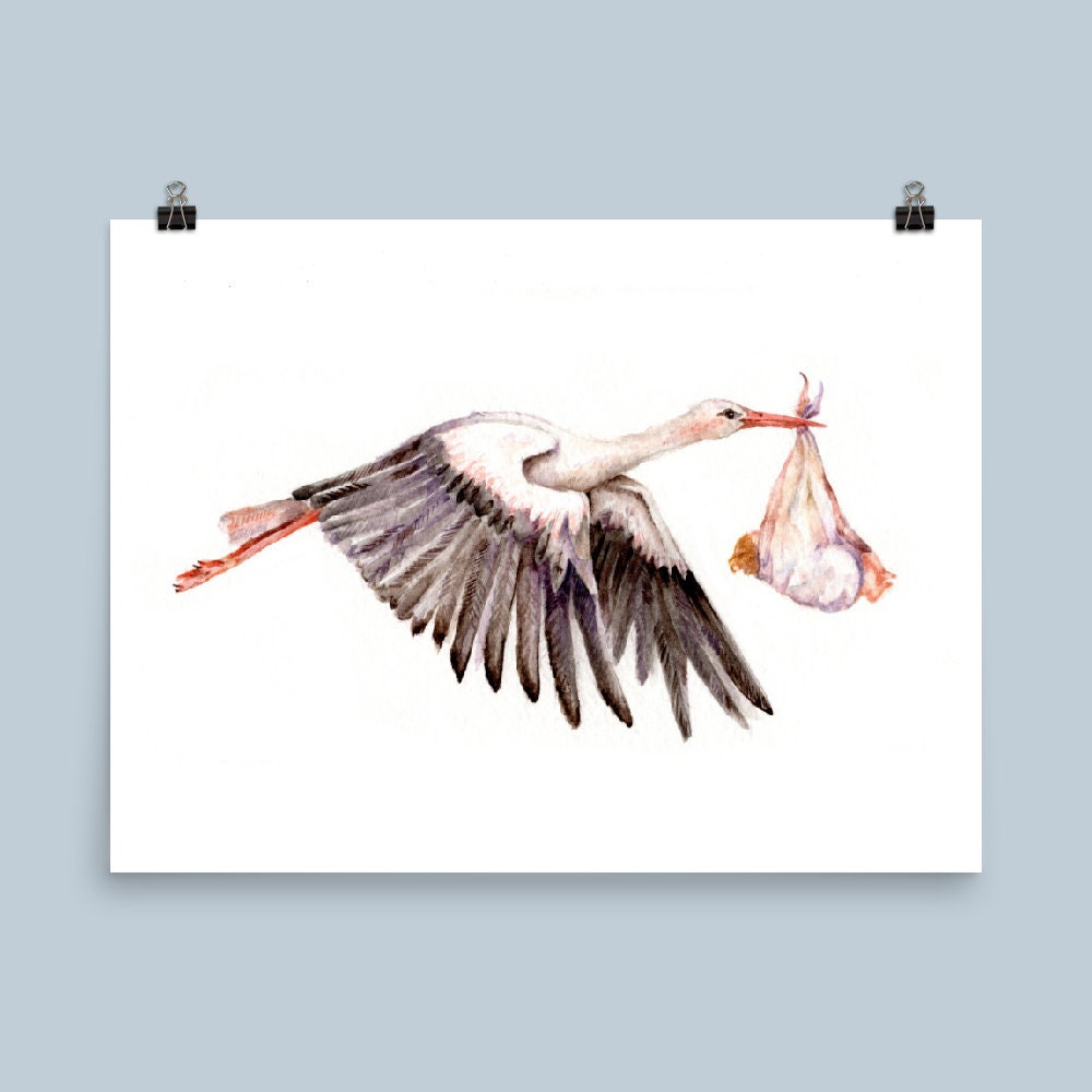 Baby on Stork - Fine Art Print of Original Watercolor Painting of White ...