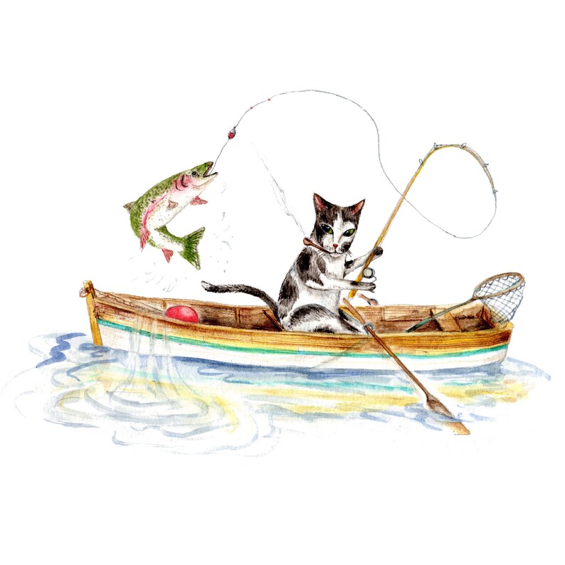 Tuxedo Cat Fishing in a Boat - Fine Art Print of Watercolor Painting ...