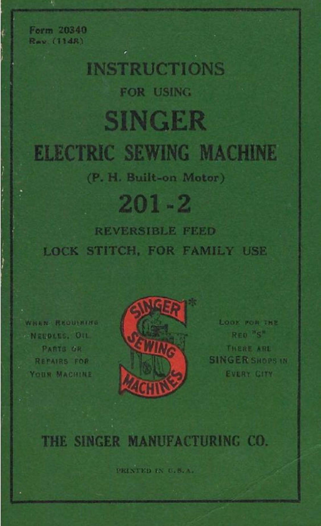 Singer 201-2 Sewing Machine Instructions, Reversible Feed (digital PDF ...