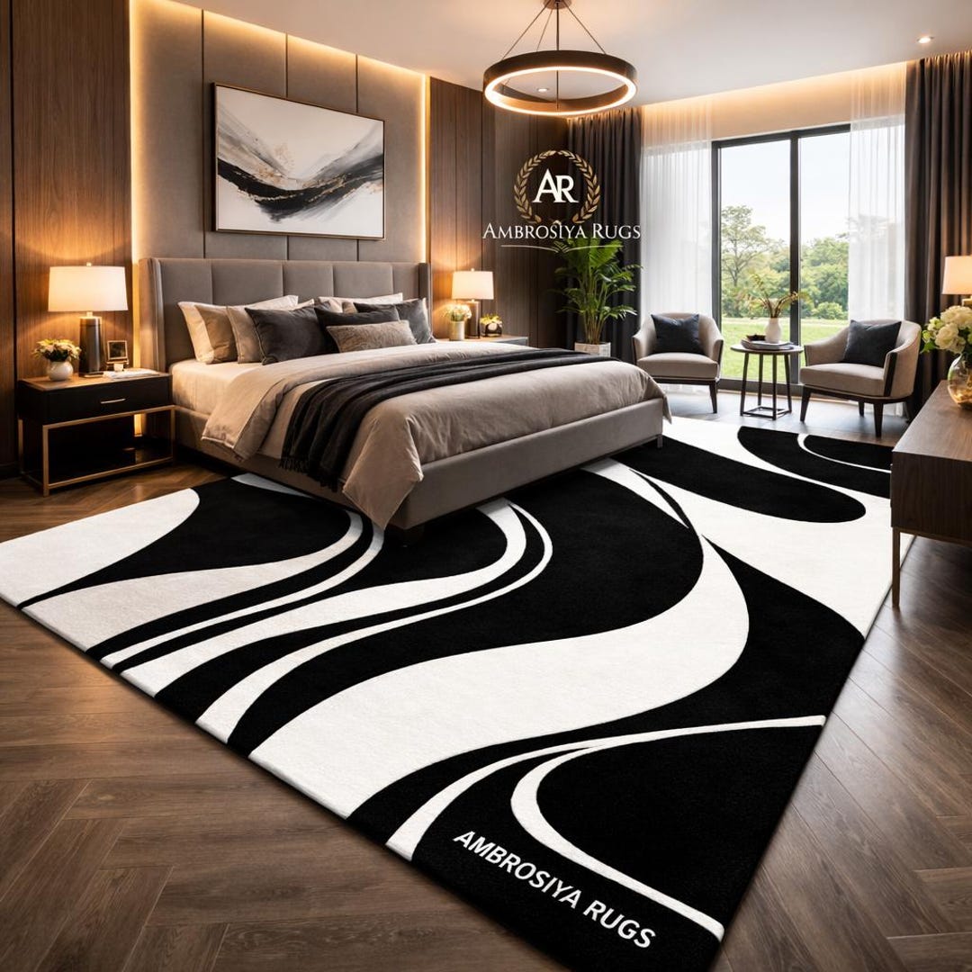 Modern Black Area Rug With White Curves – Contemporary Graphic Living ...
