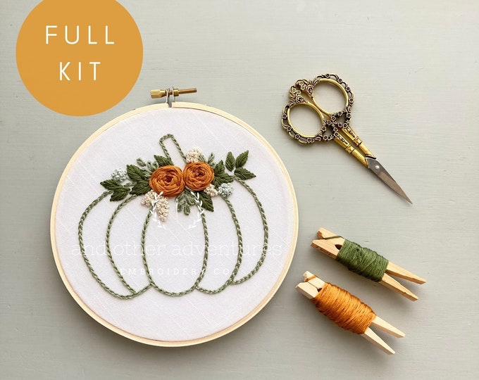 Green & Gold Fall Pumpkin Hand Embroidery Kit, Autumn Cottage-core ...