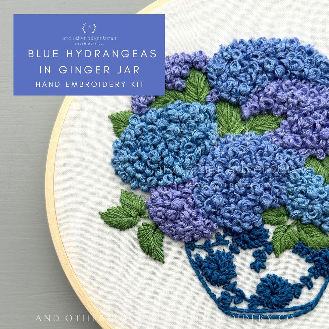 Blue Hydrangeas in Ginger Jar - Floral Hand Embroidery KIT, Blue ...
