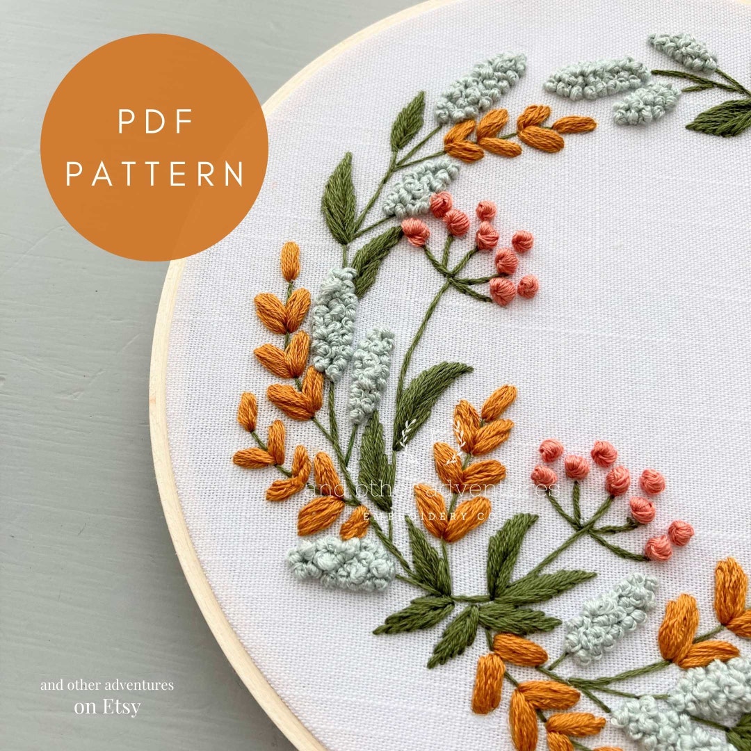 Fall Florals Embroidery PDF PATTERN | DIY Embroidered Wreath, Autumn ...