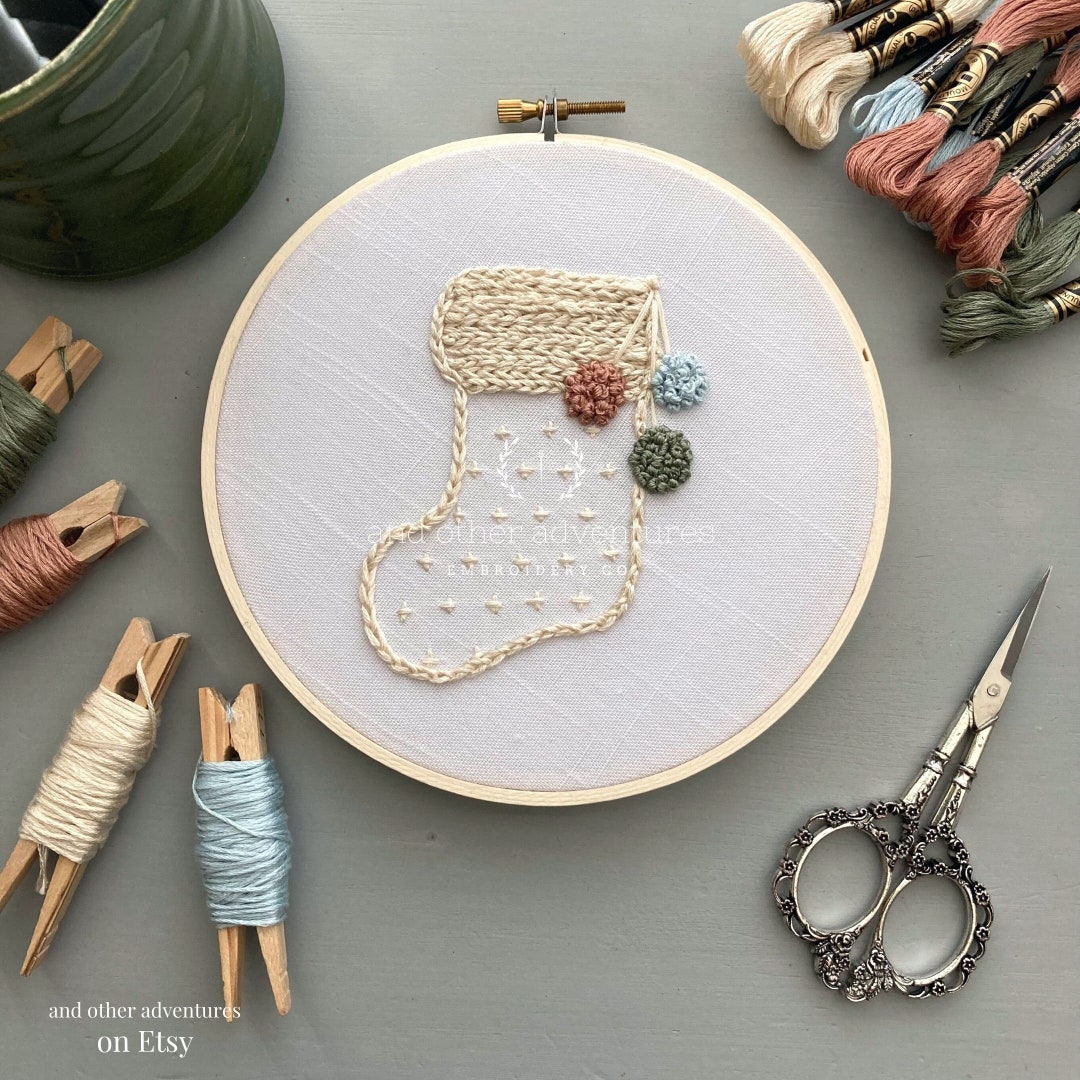 Ivory Stocking Hand Embroidery Pattern DIY Gift Christmas Stitching ...