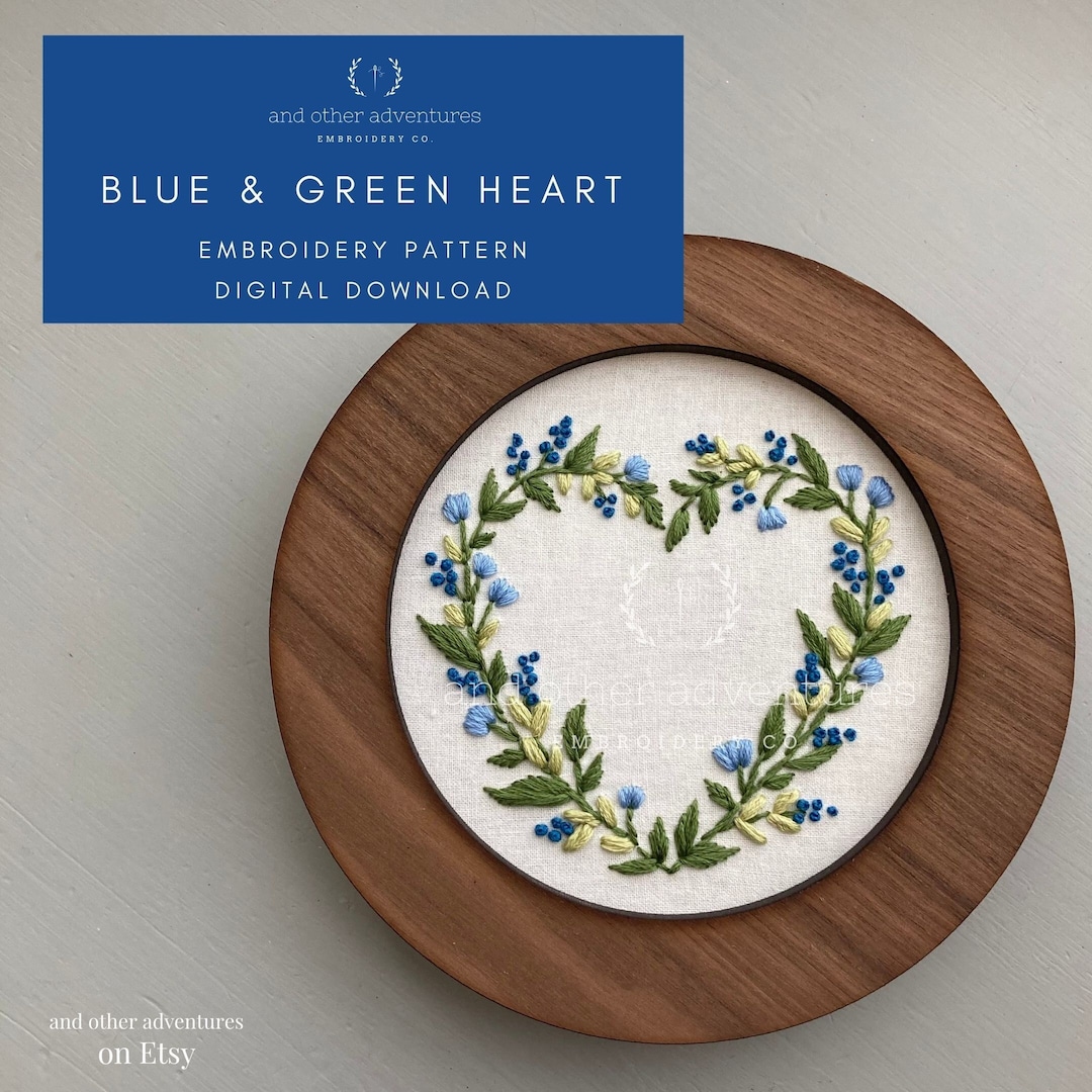 Floral Heart Hand Embroidery Pattern - Blue & Green DIY (PDF Pattern ...