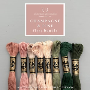 CHAMPAGNE & PINE Embroidery Floss Bundle - 8 Curated DMC Threads, Beautiful Blush Dark Green ...