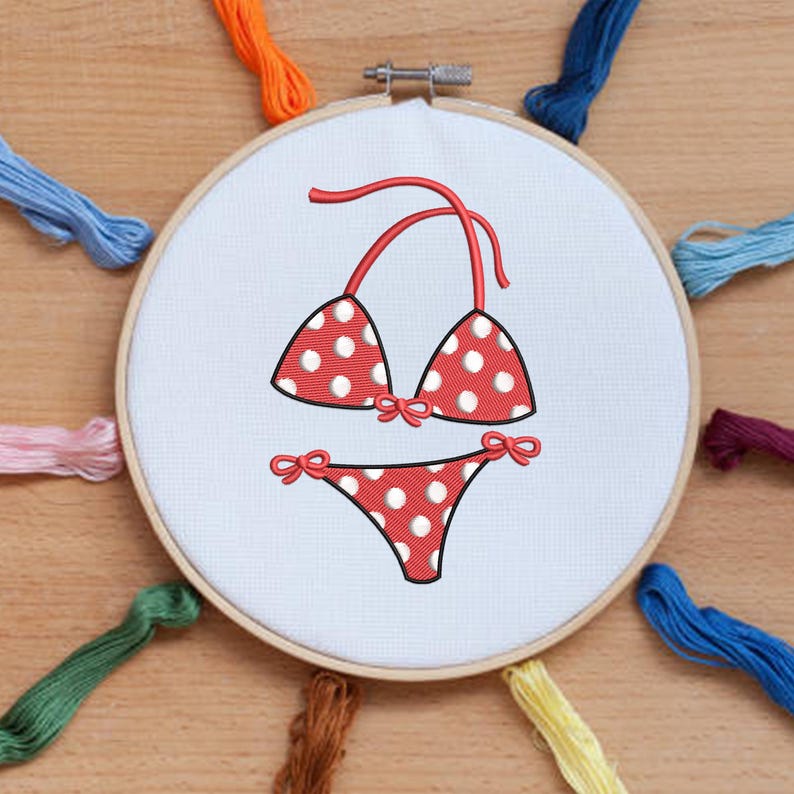 Red Polka Dot Bikini Embroidery Design, Retro Swimsuit Pattern (digital ...