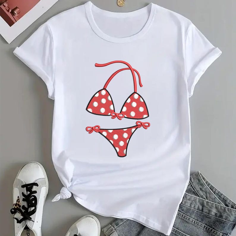Red Polka Dot Bikini Embroidery Design, Retro Swimsuit Pattern (digital ...