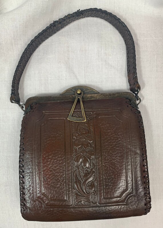 Vintage 1920s Tooled Leather Sm Bag - Gem
