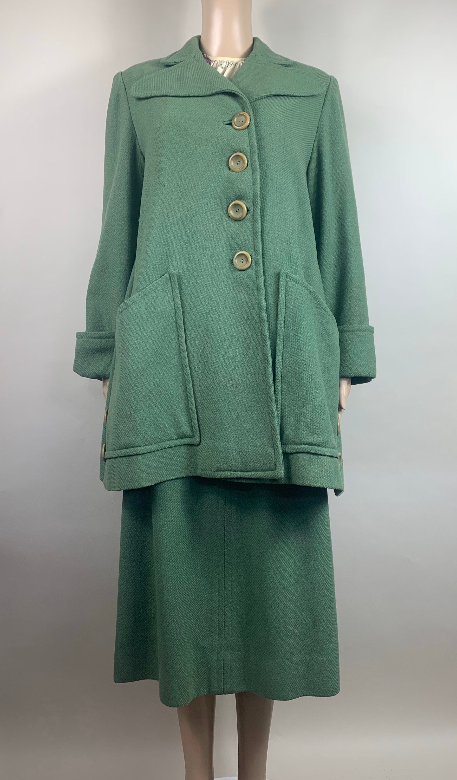 Vintage Late 1940s, 1950s, 2 Piece Avocado Green Wool Suit Sm Med