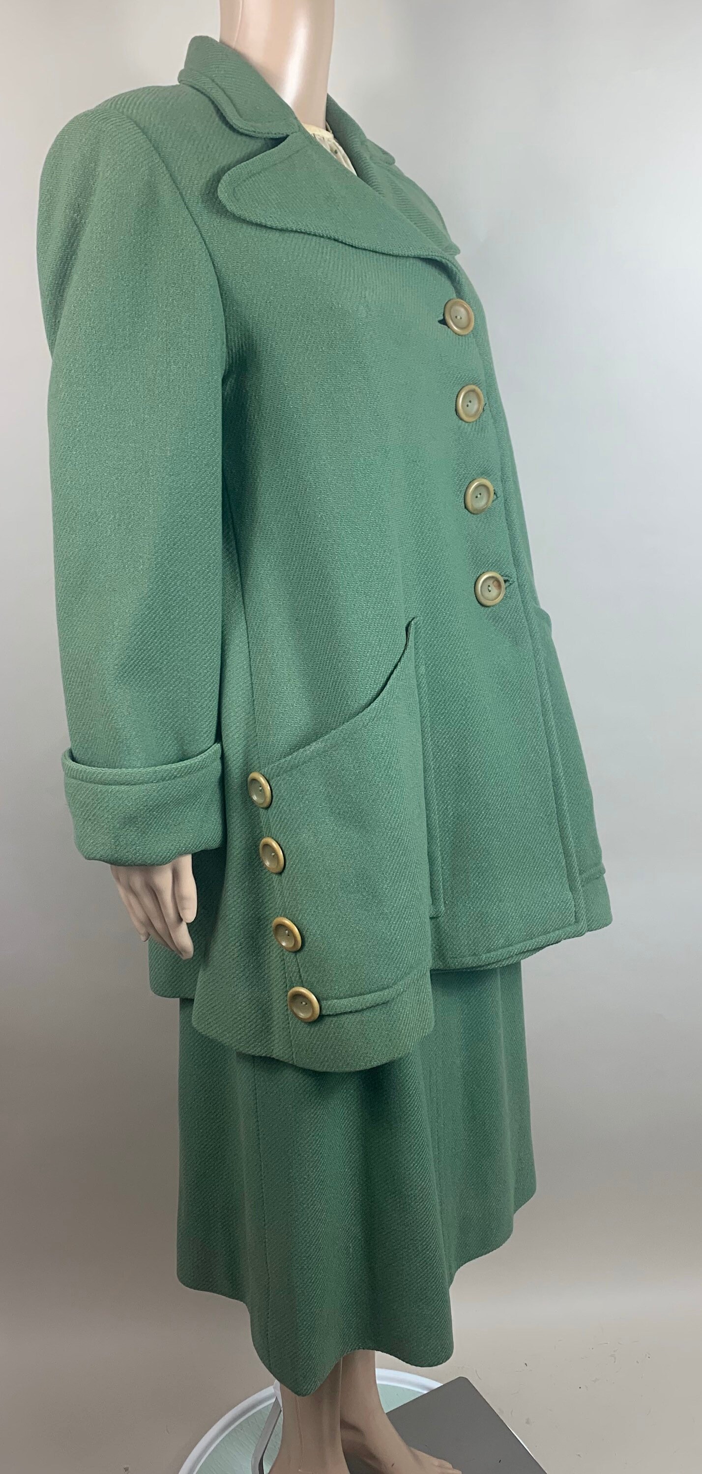 Vintage Late 1940s, 1950s, 2 Piece Avocado Green Wool Suit Sm Med