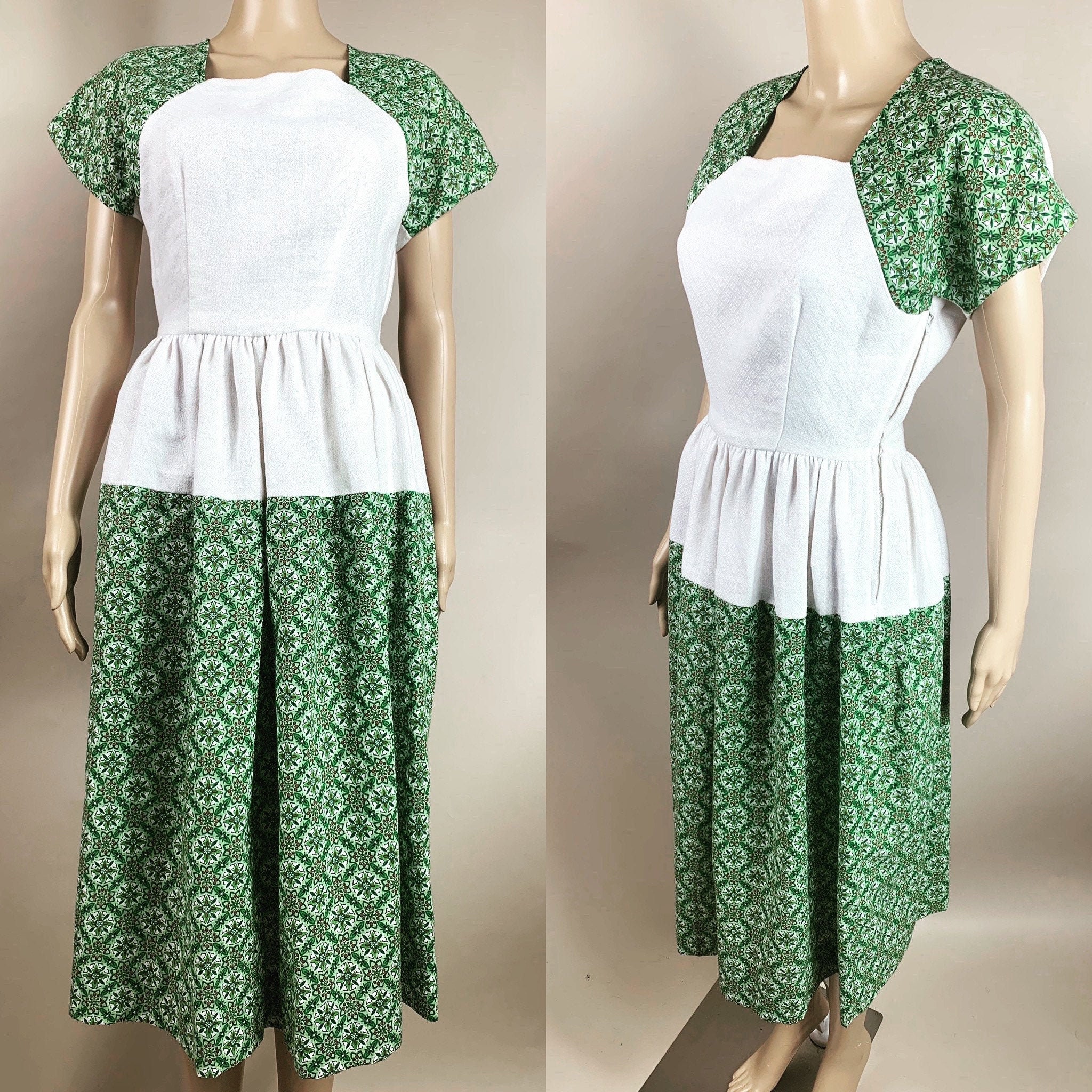 1940s Repro Dress White Green Cotton Small